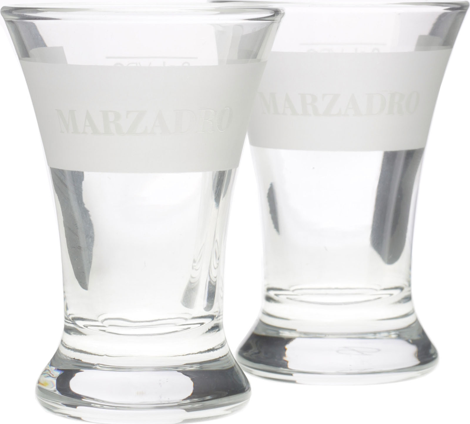 Marzadro Likörglas Set. Zwei Shot Gläser mit Logo