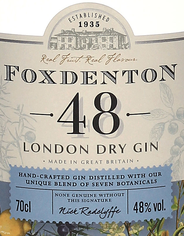 Foxdenton London Dry Gin mit 700 ml und 48 % Vol. aus E